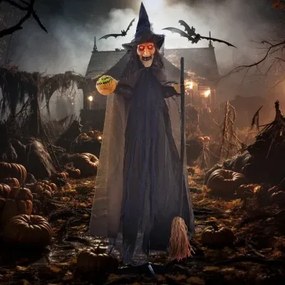 HOMCOM halloweenská dekorace Čarodějnice s koštětem, svítící oči, strašidelné zvuky, ohebné paže, 107x65x190 cm