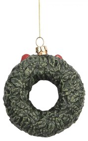 Závěsná dekorace zelený věneček s červenou mašlí - 9*4*11cm