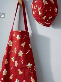 Sinsay - Vánoční kuchyňská zástěra a čepice s motivem perníčků - červená
