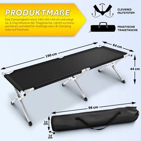 TRESKO® kempingová postel 190 cm černá kempingová postel lehátko postel pro hosty cestovní postel kempingové lehátko