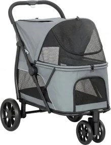 PawHut skládací dětský kočárek pro psy se 3 koly, síťové okno, pratelný polštářek, terénní, nosnost 20 kg, 92x63x95 cm, šedá