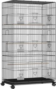 PawHut velká klec pro ptáky na kolečkách, 6 krmítek, vysouvací miska, několik dvířek, 3 bidýlky, 77x46,5x141 cm, černá
