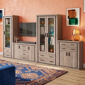 Obývací stěna s vitrínou DALLAS t | 312 cm + 97 cm | 4 díly | dub trufla