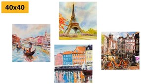 Set obrazů malované města v pastelových barvách
