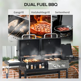 Outsunny plynový grilovací vozík 2+1 hořák s teploměrem 3kW BBQ gril na dřevěné uhlí s odkládací plochou Boční odkládací plocha Háček pro kempování Č…