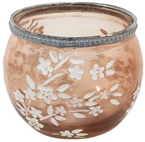 Béžovo-hnědý skleněný svícen na čajovou svíčku s květy Teane  - Ø10*8 cm