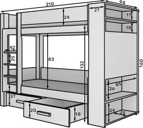 Dvoupodlažní postel pro dvě osoby GARET 180x80 – sonoma