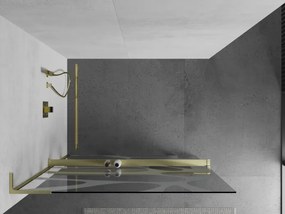 Mexen Kioto+ L, sprchová zástěna Walk-In s poličkou a věšákem 100 x 200 cm, 8mm čiré sklo bílý vzor, ​​zlatý matný profil, 800-100-123-55-97