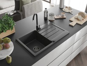 Mexen Bruno, granitový dřez 795x495x200 mm, 1-komorový, černá skvrnitá s černým sifonem, 6513791010-76-B