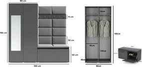 Předsíňová stěna Trinity 8 s čalouněnými panely, 190 cm, grafit/ tmavě šedá