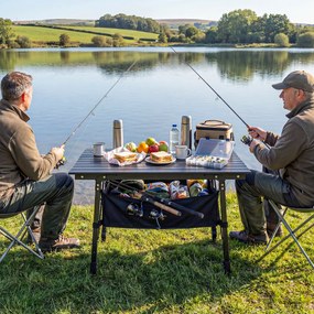 Kempingový stolek s úložným košem, výškově nastavitelný, skládací, hliník, černý