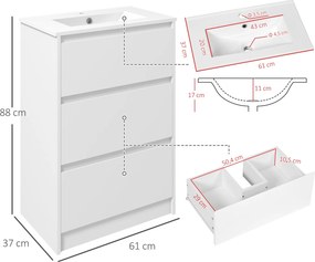 Kleankin koupelnová skříňka s umyvadlem - Umývací skříňka se syntetickým keramickým umyvadlem a 2 zásuvkami 61x37x88 cm Světlá bílá