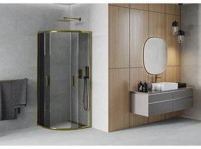 Mexen Rio, čtvrtkruhový sprchový kout s posuvnými dveřmi 90 (dveře) x 90 (dveře) x 190 cm, 5mm šedé sklo, zlatý profil, 863-090-090-50-40