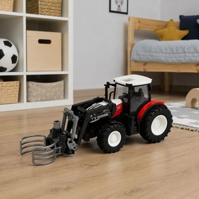 LEAN Toys Zemědělský traktor s držákem na balíky, dálkově ovládaný RC, červený, měřítko 1:24