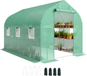 Outsunny tunelový skleník 6 m² s policemi, 198 x 293 x 194 cm — pozinkovaný rám, navíjecí dveře, 6 síťovaných oken, PE 140 g/m² — zelený | Aosom