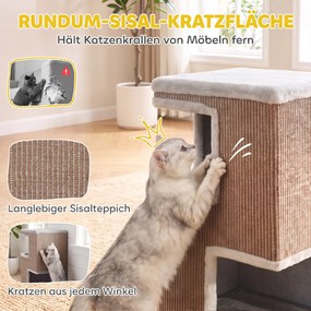 PawHut 3patrová kočičí věž do interiéru, polouzavřená kočičí jeskyně se škrabadly kolem dokola, 2 kočičí jeskyně D30-995V00GY