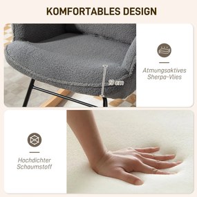 HOMCOM Houpací křeslo s podnožkou, měkký fleecový potah, dřevěné nohy, polštář, vysoké opěradlo, houpací křeslo, tmavě šedá