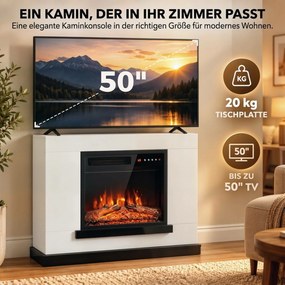 HOMCOM elektrický krb s římsou, topením a 3D efektem plamene, 80 cm, bílý