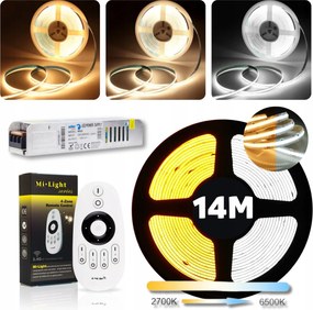 Set Led páska Cob Cct 3000-6500K 24V 14W/m, teplá a studená, kontinuální vedení 14 m