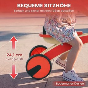 AIYAPLAY Dětské odrážedlo, dřevěné odrážedlo s EVA koly, vyšší opěrkou zad pro děti od 2–3 let, červené