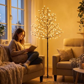 HOMCOM LED třešňový strom 150 cm s 160 LED diodami, umělý svítící stromek s 20 ohebnými větvemi, vánoční dekorace