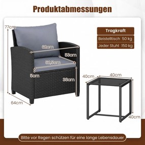 Costway Ratanový set zahradního nábytku obsahující 2 židle s polštáři a stůl