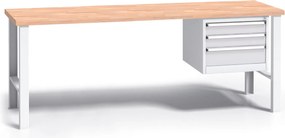 Pracovní stůl do dílny G3 se závěsným boxem na nářadí, buková spárovka, 3 zásuvky, pevné kovové nohy, 2000 mm, šedá