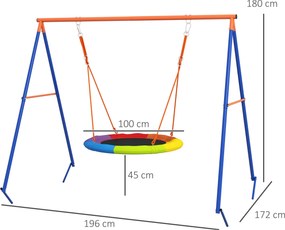 Zahradní houpačka Outsunny pro děti, hnízdová houpačka pro 1-2 děti s vyztuženým kovovým rámem ve tvaru A, 196x172x180cm, vícebarevná