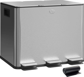 HOMCOM Kuchyňský Koš na Odpady se 3 Přepravkami 3x10L Nerezový Kuchyňský Koš s Tichými Víky a Odnímatelným Košem pro Recyklaci Potravinového Odpadu St