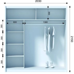 Šatní skříň se zrcadlem SANTINO 203x215 cm černá/dub craft