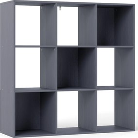 HOMCOM knihovna, třípatrový úložný regál s 9 přihrádkami, do obývacího pokoje, kanceláře nebo ložnice, 91 x 29,5 x 91 cm, šedá