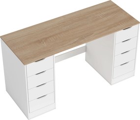 HOMCOM 140 cm počítačový stůl, 8 zásuvek, psací stůl pro domácí kancelář, ložnici, ocel, dřevo, přírodní