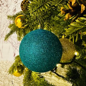 Sada vánočních ozdob paví zelená 10 cm plastová koule glitter, balení 6 ks