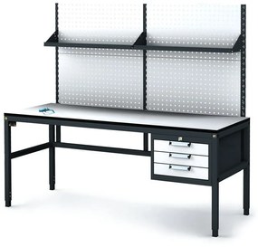 Antistatický dílenský ESD stůl s perfopanelem a policemi, 3 zásuvkový box na nářadí, 1800x800x745-985 mm
