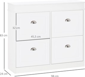 HOMCOM Skříň na boty Úložná jednotka na boty rozměry 98D x 24Š x 83V cm 4 výklopné dvířka Dvojitá úroveň MDF Bílá