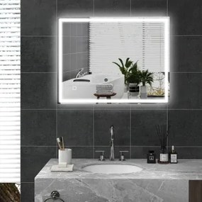 HOMCOM Koupelnové zrcadlo s osvětlením 90x70 cm LED zrcadlo Nástěnné zrcadlo s paměťovou funkcí 3 barvy světla Stříbrná