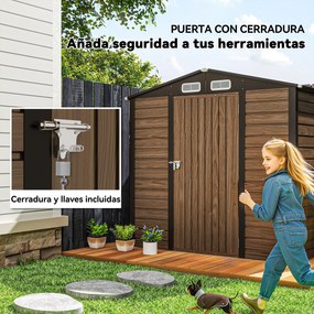Zahradní kůlna Outsunny 190x131x188 cm - Venku umístěný úložný domek s 2 větracími okny a dveřmi pro terasu, balkon a patio - Dub