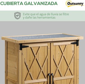 Outsunny Venkovní Dřevěná Úložná Skříň 0,24 m² 75x40x90 cm Zahradní Domek s 2 Dveřmi, 4 Policemi a Pozinkovanou Střechou pro Úložný Prostor Nářadí
