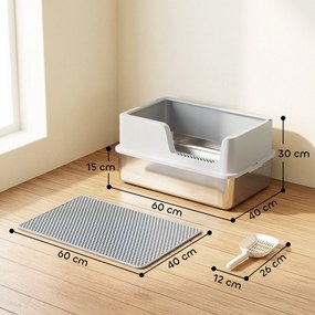 PawHut Kočičí toaleta XL z nerezové oceli s víkem, vysoké boční stěny, lopatka, kartáč, podložka pro koťata až do 8 kg, světle šedá