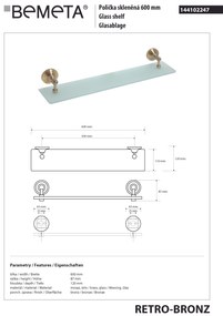 Bemeta Design RETRO bronz: Polička skleněná, 600 mm -