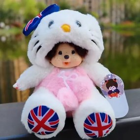 Panenka Monchhichi (mončičák) v kostýmu pohádkové postavy Varianta: Hello Kitty Británie - růžová