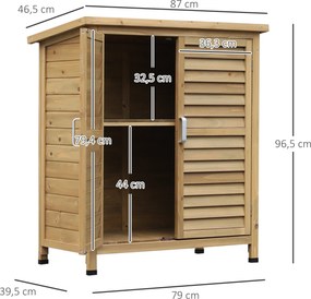 Dřevěná zahradní kůlna Outsunny 87x46,5x96,5 cm se 2 vnitřními policemi, 2 větranými dveřmi a šikmou střechou pro venkovní terasu