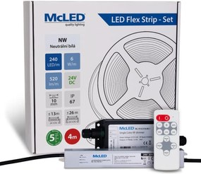 McLED LED pásek - sada 4 m + Přijímač Nano IP67, 240 LED/m, NW, 6 W/m, DC 24V, 520 lm/m, CRI90, IP67, 10 mm, vodič 3 m ML-126.033.90.S04002