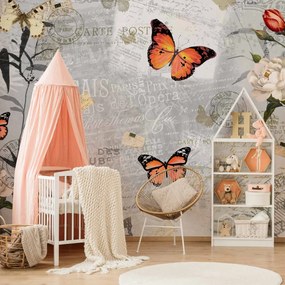 Fototapeta Pohlednice - motýli na šedo-bílém s nápisy a květinami