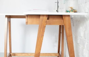 Krémově bílý lakovaný rohový pracovní stůl RAGABA LUKA 135 x 85 cm s dubovou podnoží, levý