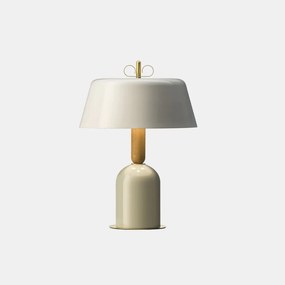 Il Fanale N6E3EO Bon Ton, stolní lampa z mosazi, dřeva, béžová základna, šedé stínítko, 3x10W E14, výška 56,9cm