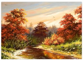 Skleněný obraz řeky v podzimní krajině, olejomalba (70x50 cm)