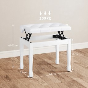 HOMCOM Výškově nastavitelná klavírní stolička, klavírní lavice s polštářem z umělé kůže pro piano klávesnici 64 x 35 x 45-55 cm, bílá