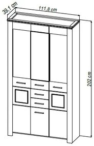 Široká vitrína s osvětlením Matera, starý dub/bílá