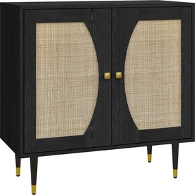 HOMCOM Buffet Skříňka s Dvojitými Dveřmi v Boho Stylu, 2 Úrovně, Ratanový Přední Panel 80 x 38 x 79 cm Černá